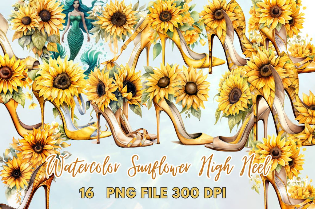 Sunflower High Heel Watercolor Clipart - So Fontsy