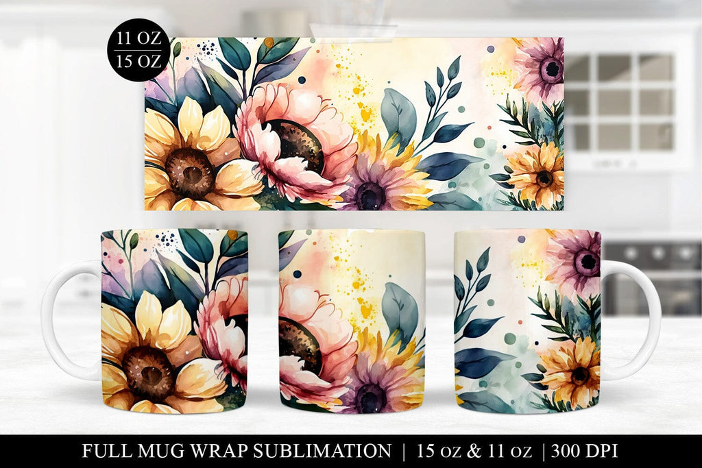Sunflower Mug Wrap Sublimation, Floral Coffee Cup Background - So Fontsy
