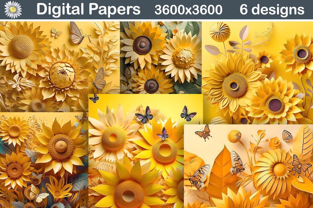 Sunflowers 3D Background | Sunflowers Digital Paper - So Fontsy