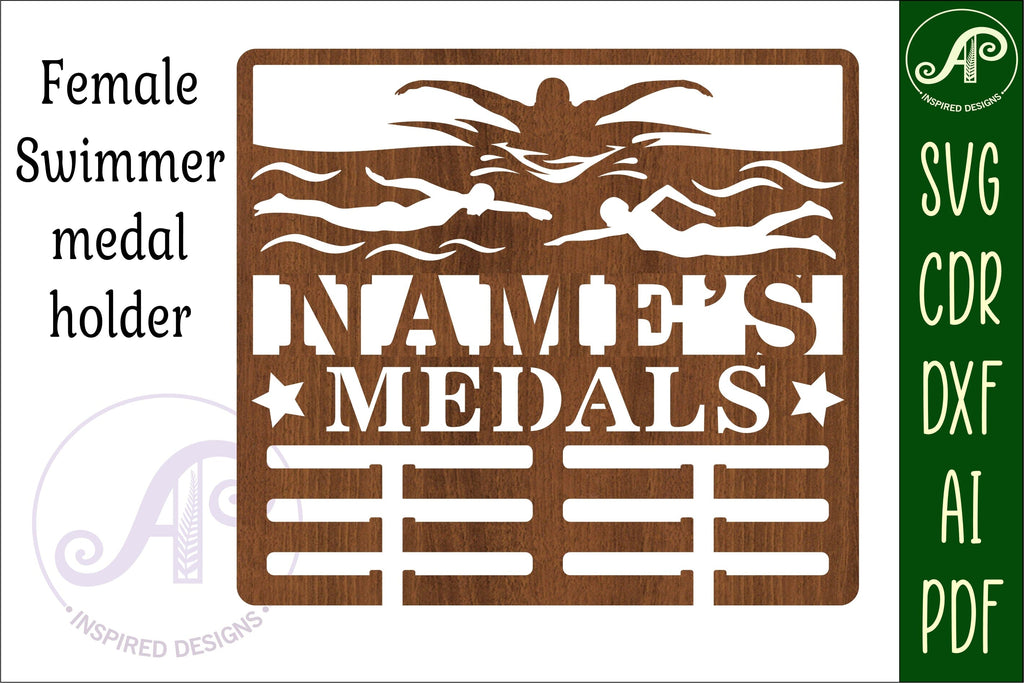 Swimmer female medal holder Name svg laser cut template - So Fontsy