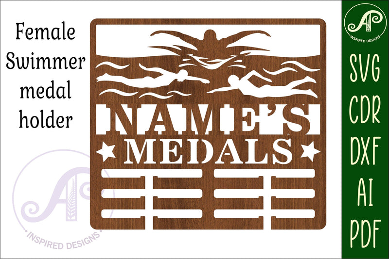 Swimmer female medal holder Name svg laser cut template - So Fontsy