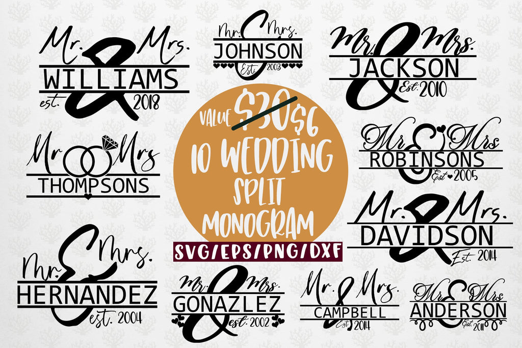 Swirl Wedding Split Monogram Bundles EPS SVG DXF JPG PNG - So Fontsy