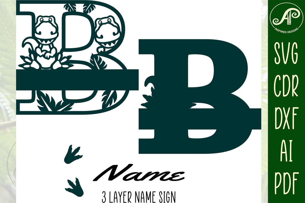 T rex dinosaur monogram letter Name signs 3 layer design SVG bundle ...