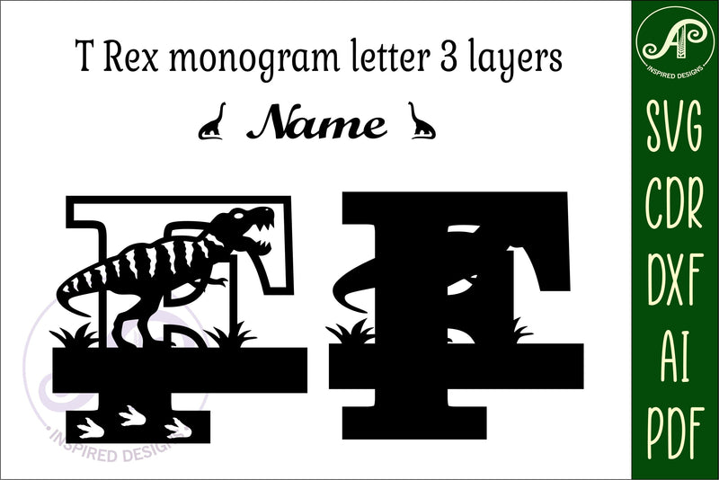 T Rex monogram capital letter F SVG laser cut file - So Fontsy
