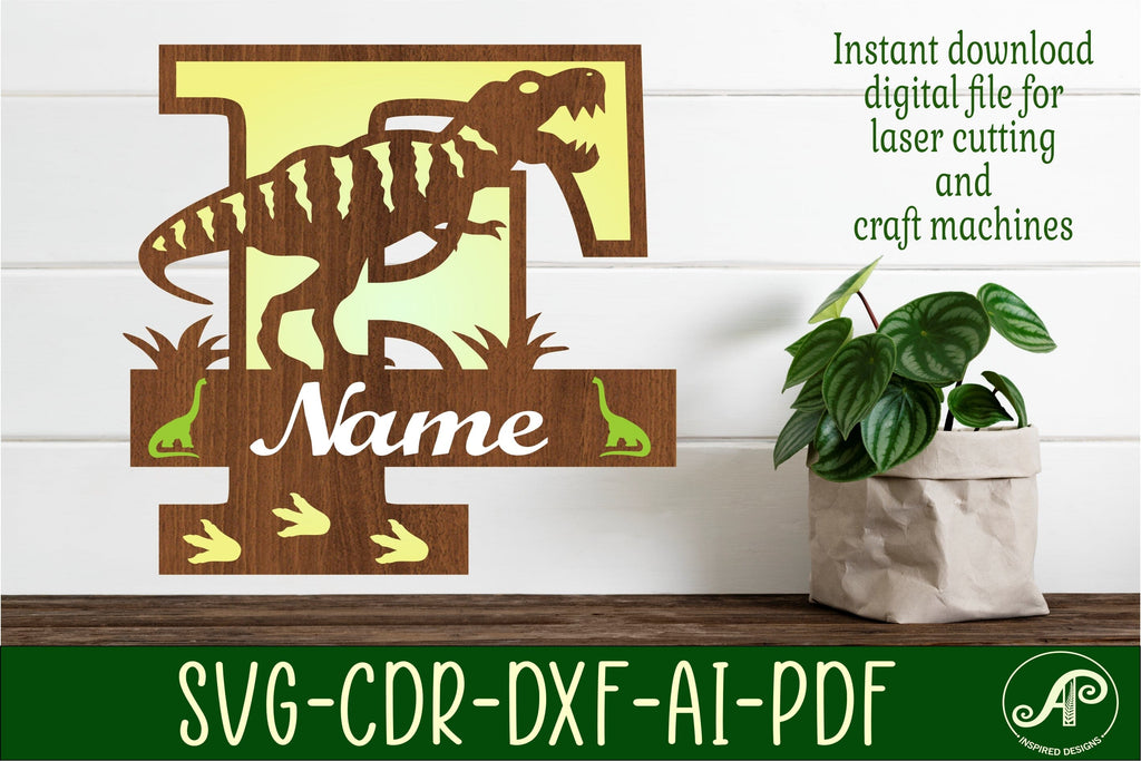 T Rex monogram capital letter F SVG laser cut file - So Fontsy