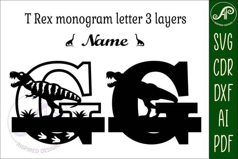 T Rex monogram capital letter G SVG laser cut file - So Fontsy