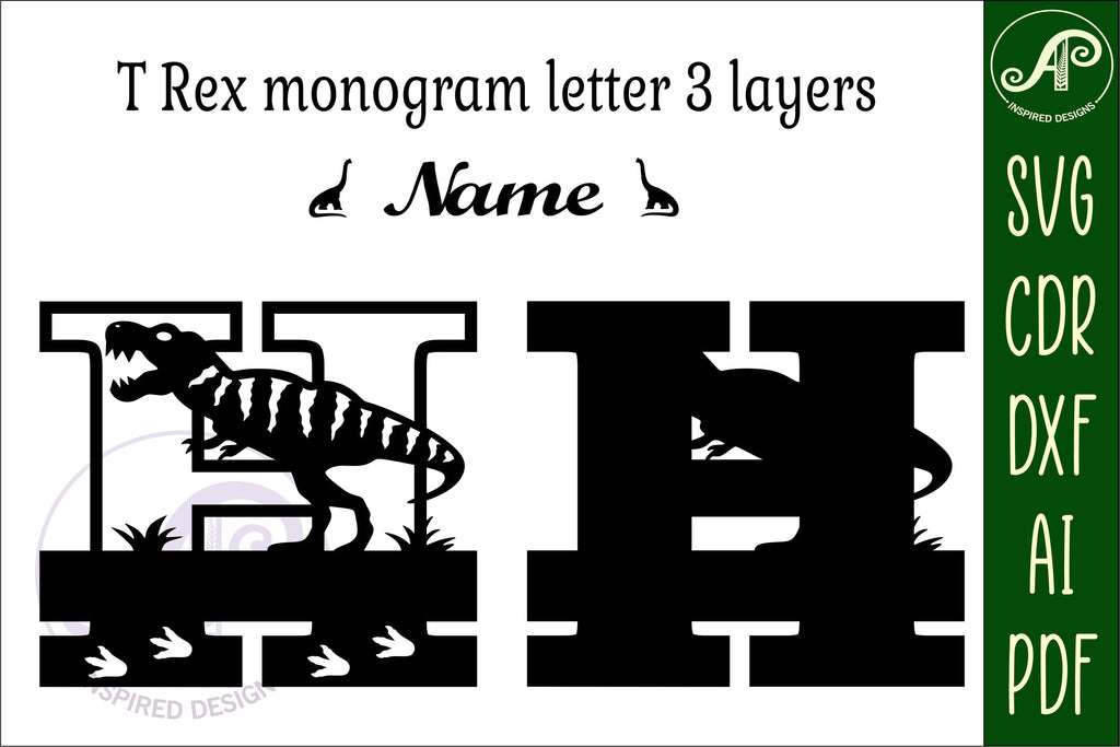 T Rex monogram capital letter H SVG laser cut file - So Fontsy