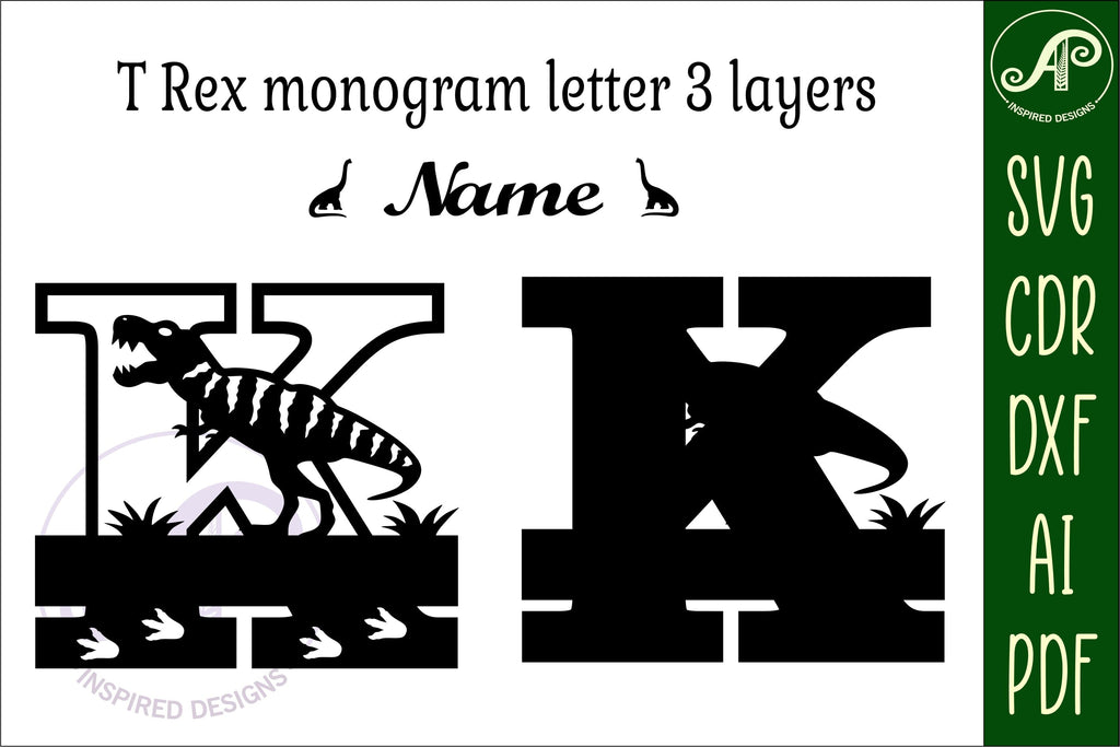 T Rex monogram capital letter K SVG laser cut file - So Fontsy