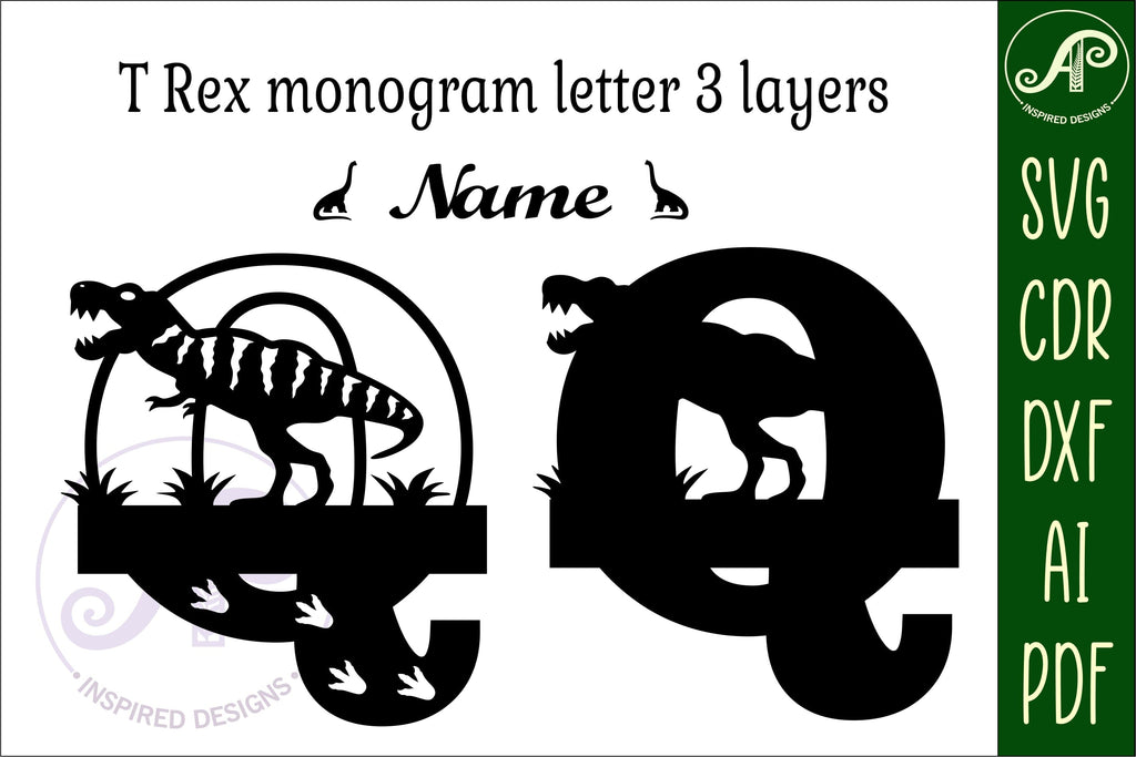 T Rex monogram capital letter Q SVG laser cut file - So Fontsy