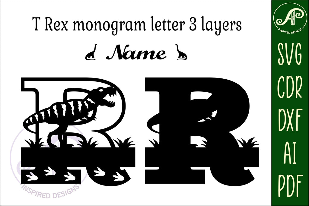 T Rex monogram capital letter R SVG laser cut file - So Fontsy