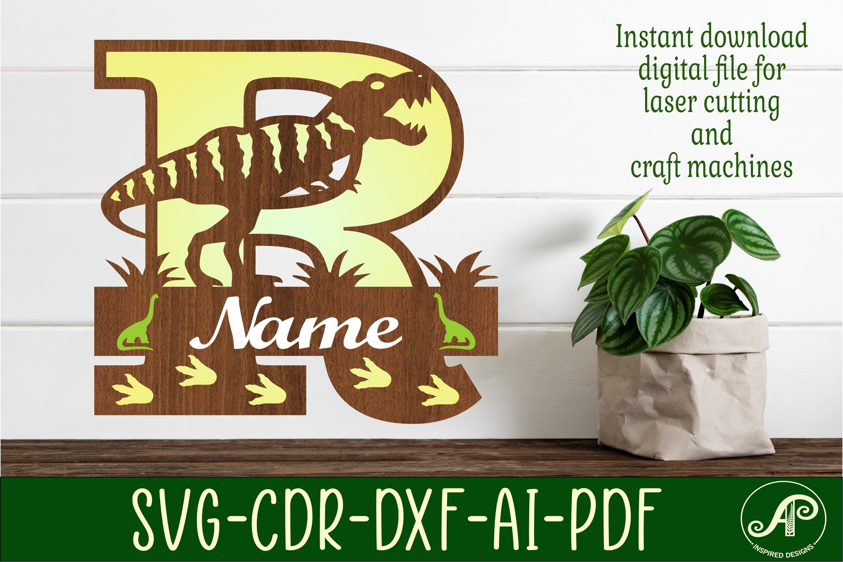 T Rex monogram capital letter R SVG laser cut file - So Fontsy