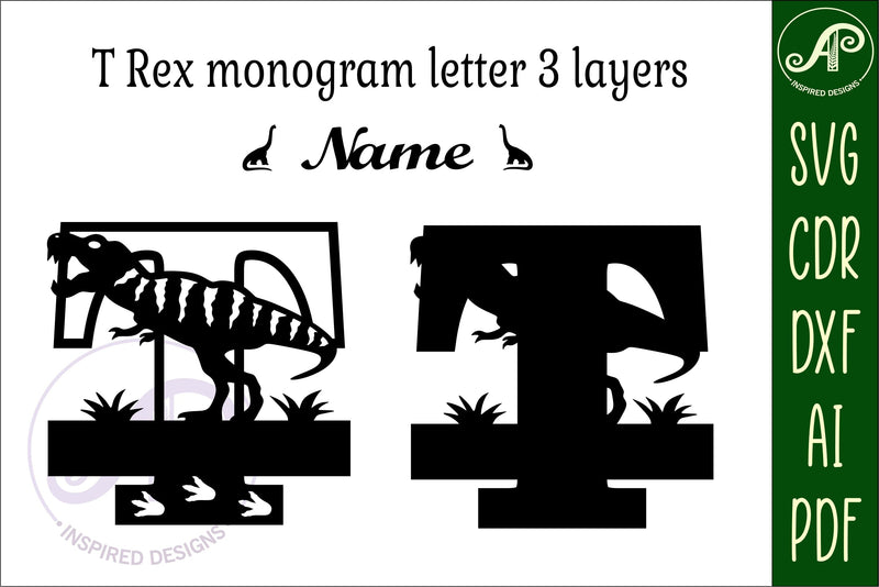 T Rex monogram capital letter T SVG laser cut file - So Fontsy