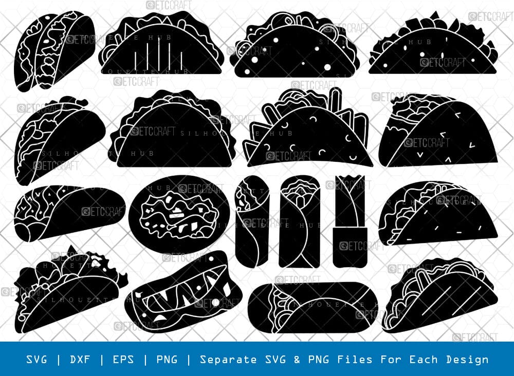 Taco Silhouette, Taco SVG, Mexican Food Svg, Snacks Items Svg, Fast ...