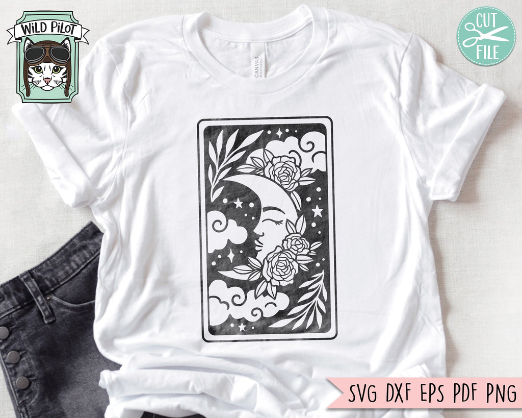Tarot Card Moon svg, Floral Moon Tarot svg file, Flower Moon Tarot Card ...
