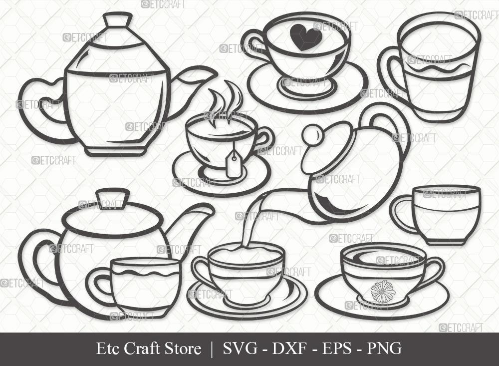 Tea Set Outline SVG Cut File | Tea Cup Svg | Tea Pot Svg | Tea Kettle ...