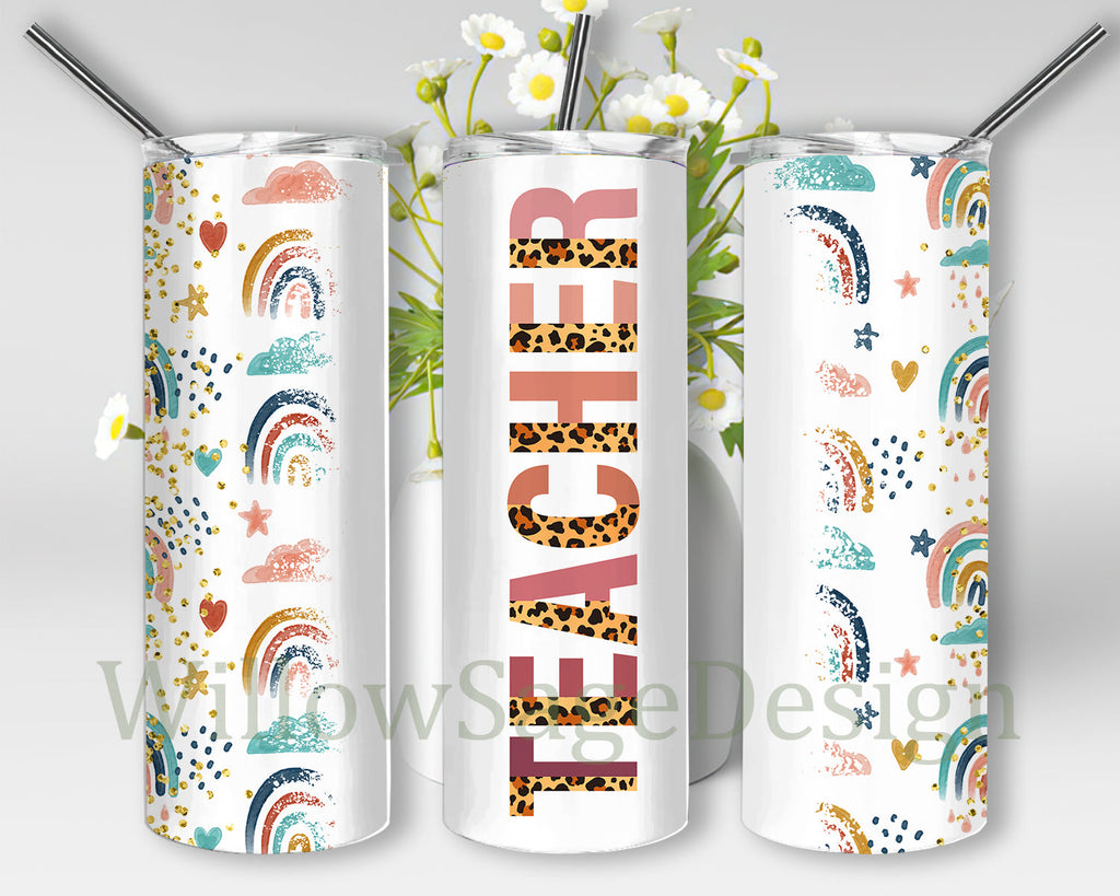 Teacher Leopard Tumbler Template, Teacher Rainbow Glitter 20oz Tumbler ...