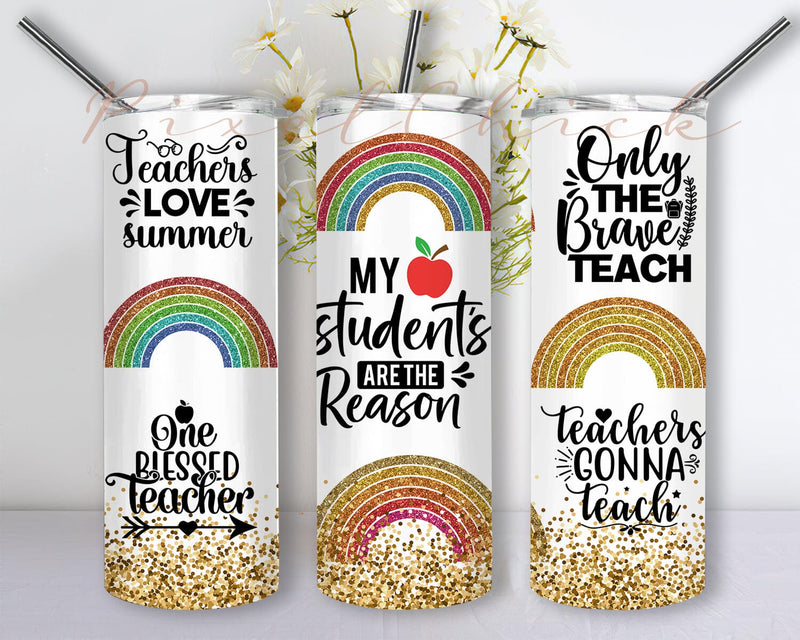 Teacher Rainbow 20oz Skinny Tumbler Png, Gold Glitter Teacher Rainbow ...