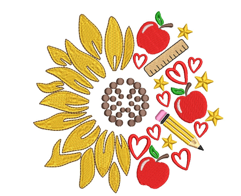 Teacher Sunflower machine embroidery design, back to school design, em ...