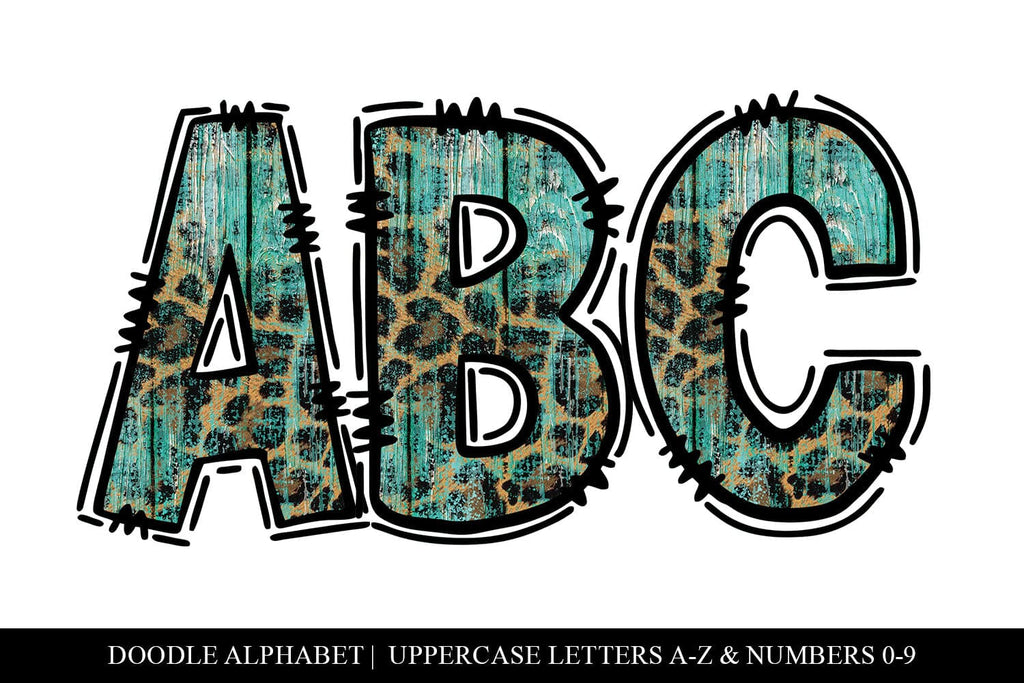 Teal Doodle Letters, Leopard Print Sublimation PNG Letters - So Fontsy