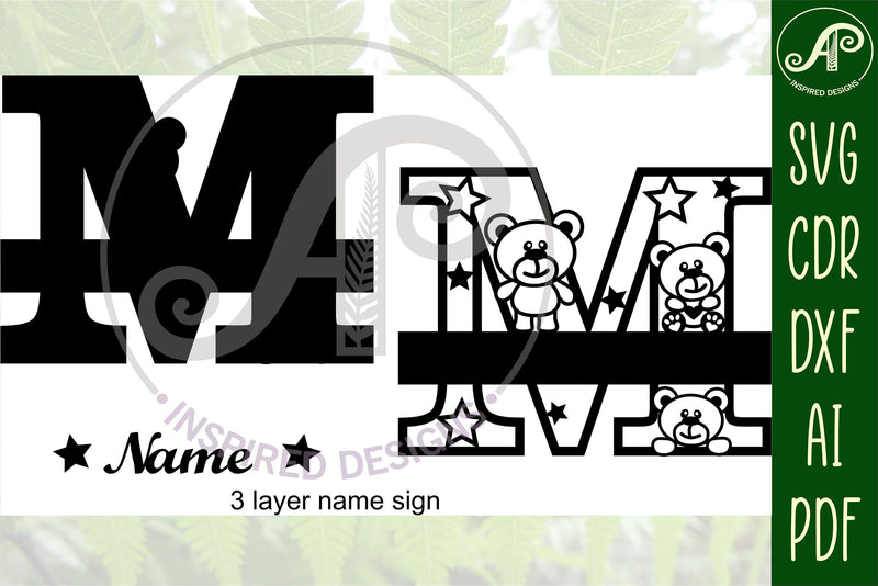 Teddy bear monogram letter Name signs 3 layer design SVG bundle - So Fontsy