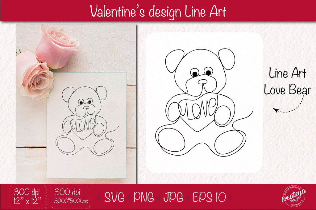 Teddy Bear outline SVG Line Art SVG illustration Valentines - So Fontsy