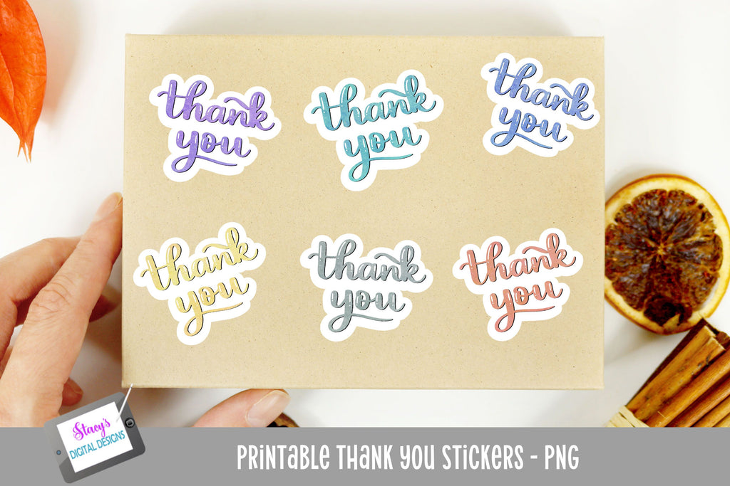 Thank you Stickers - 6 Handlettered Printable Stickers - PNG - So Fontsy