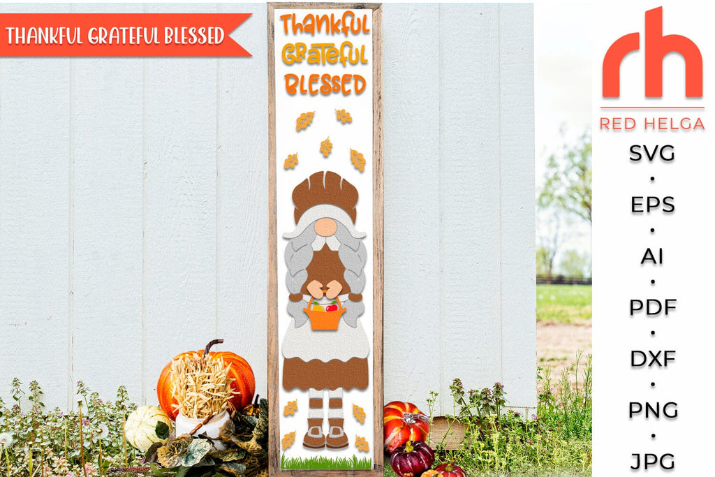 Thankful Grateful Blessed SVG, Fall Porch, Gnome Sign DXF - So Fontsy