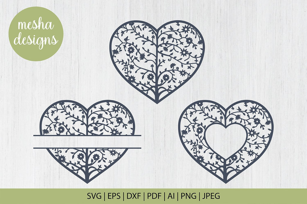 Floral heart svg cut file - Split Floral heart monogram svg - So Fontsy