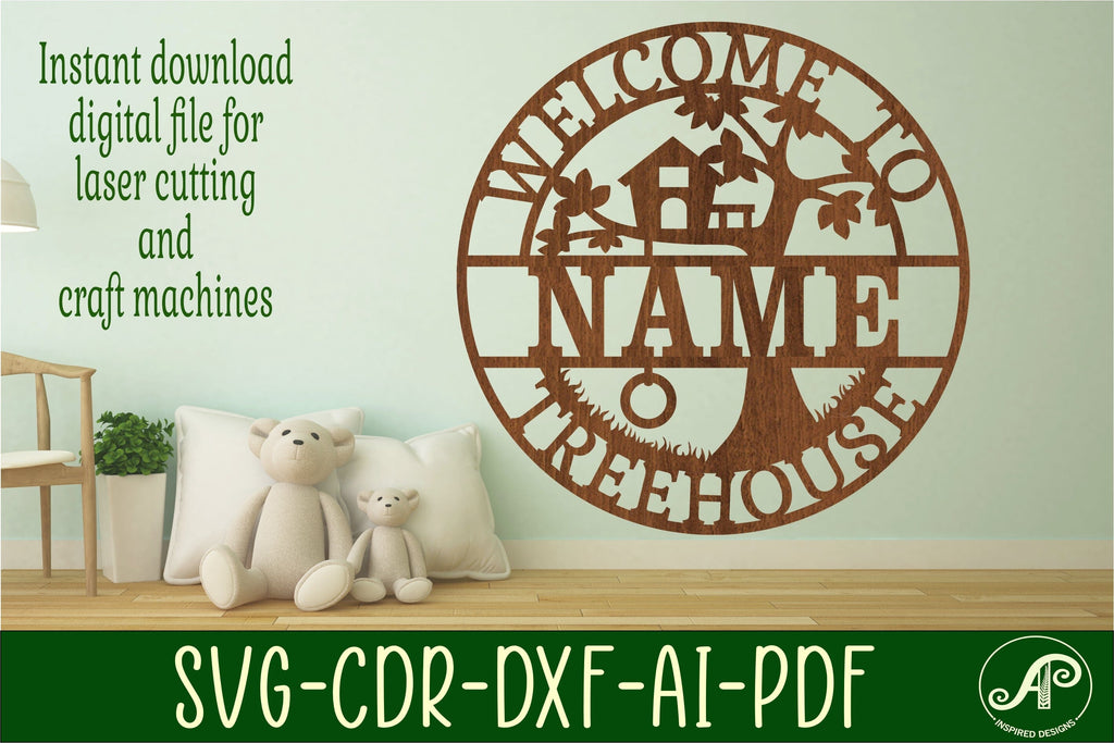 Treehouse Name sign svg laser cut template, door or wall - So Fontsy