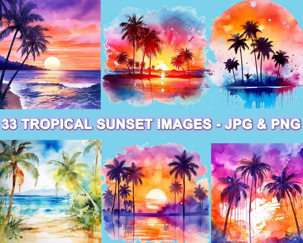 Tropical Sunset Summer Watercolor Sublimation JPG PNG - So Fontsy