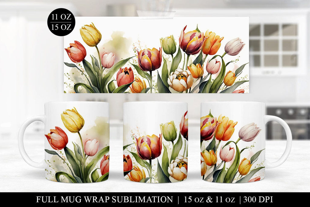 Tulip Mug Sublimation Design - Watercolor Floral Mug Wrap - So Fontsy