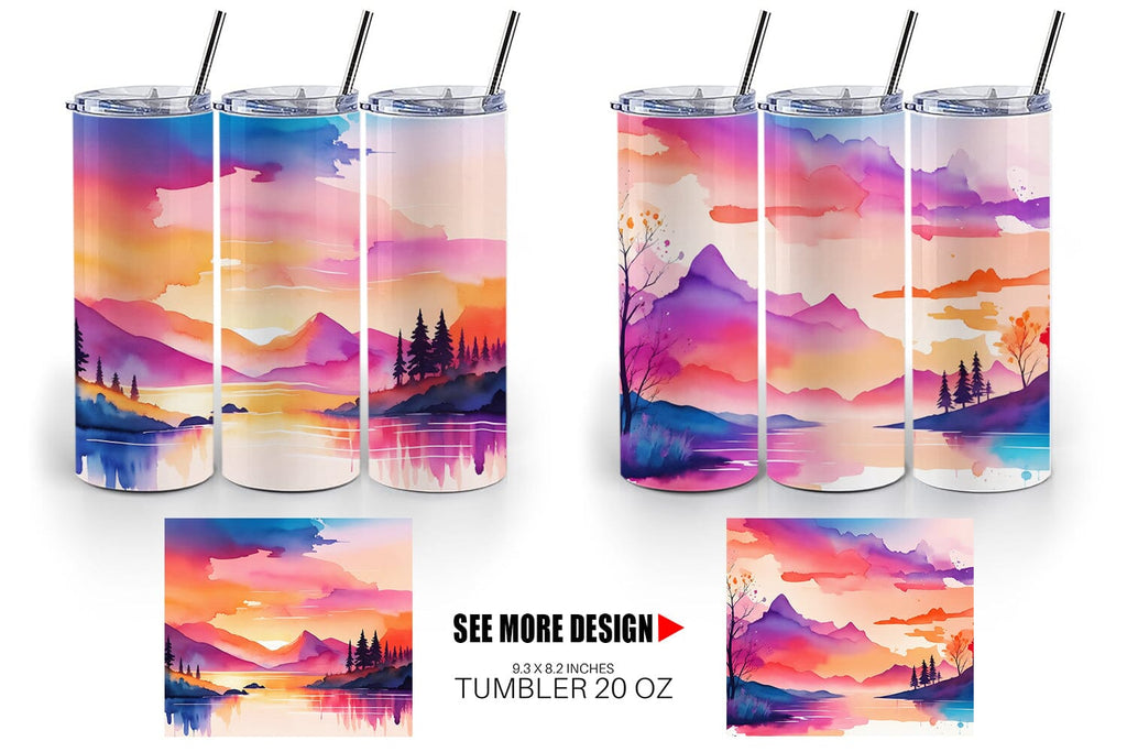 Watercolor Sunsets or sunrises landscape | Tumbler Sublimation Designs ...