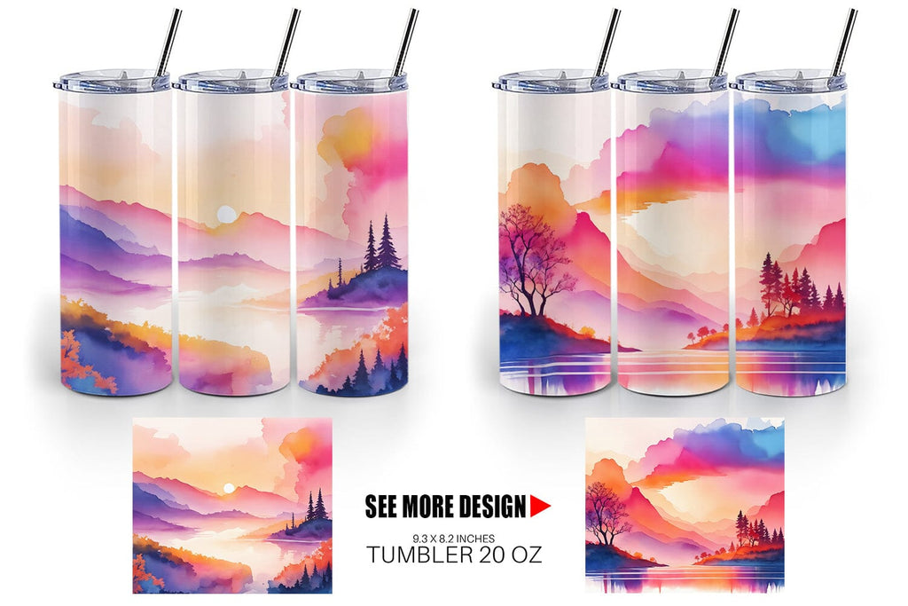 Watercolor Sunsets or sunrises landscape | Tumbler Sublimation Designs ...