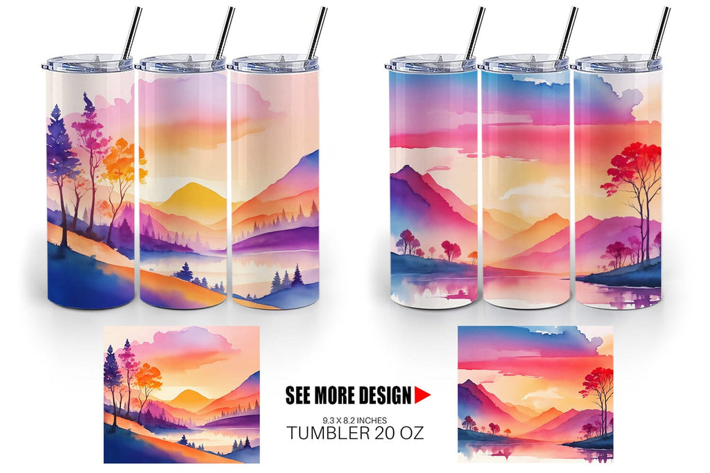 Watercolor Sunsets or sunrises landscape | Tumbler Sublimation Designs ...
