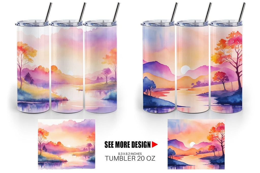 Watercolor Sunsets or sunrises landscape | Tumbler Sublimation Designs ...