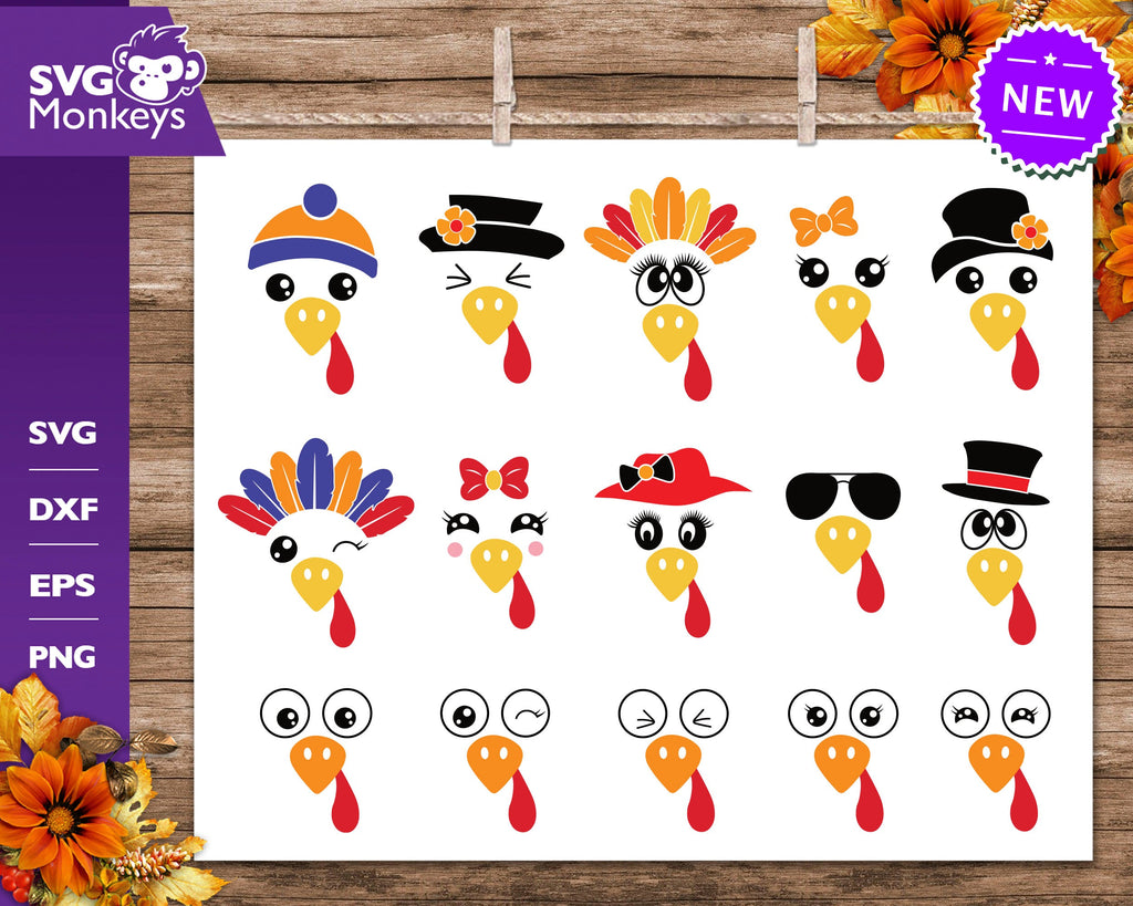 Turkey Faces Bundle Svg, Thanksgiving Turkey Faces Svg - So Fontsy