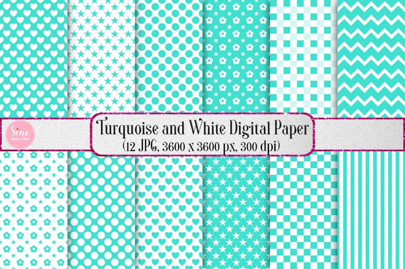 Turquoise and White Pattern Seamless Digital Paper Backgrounds - So Fontsy