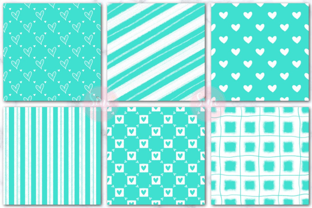 Turquoise and White Valentines Digital Papers Backgrounds Set - So Fontsy