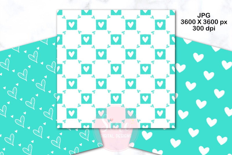Turquoise and White Valentines Digital Papers Backgrounds Set - So Fontsy