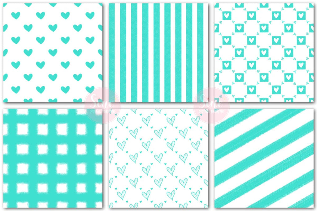Turquoise and White Valentines Digital Papers Backgrounds Set - So Fontsy