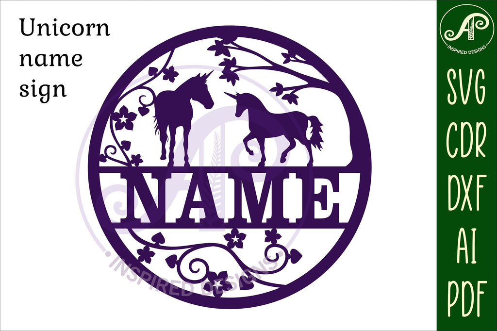 Unicorn and vines name sign svg laser cut template - So Fontsy