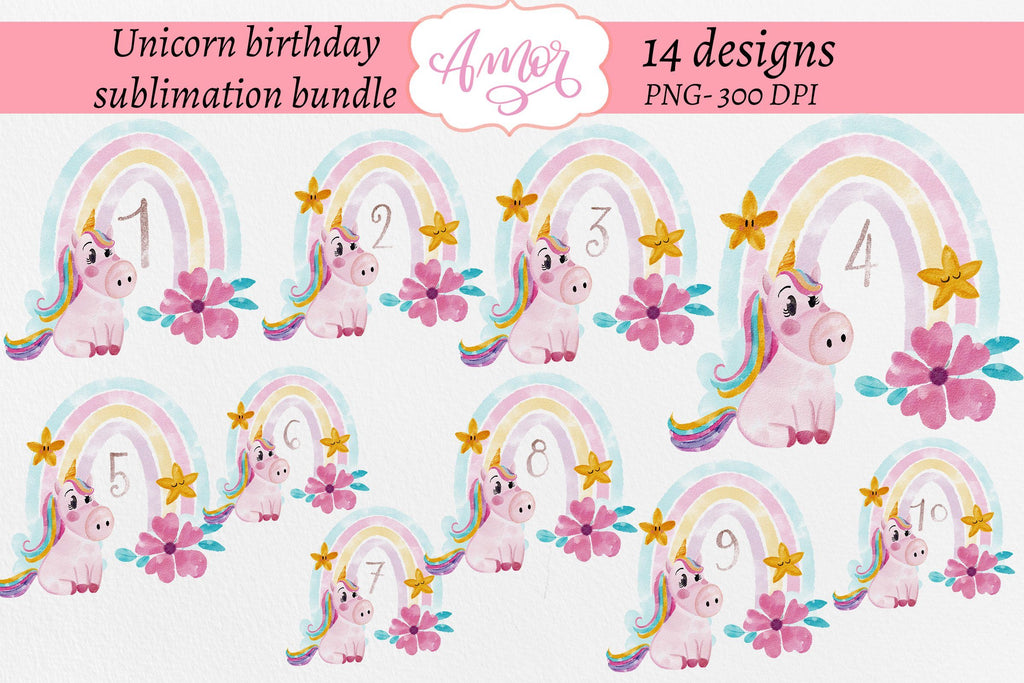 Unicorn birthday sublimation designs Bundle, - So Fontsy