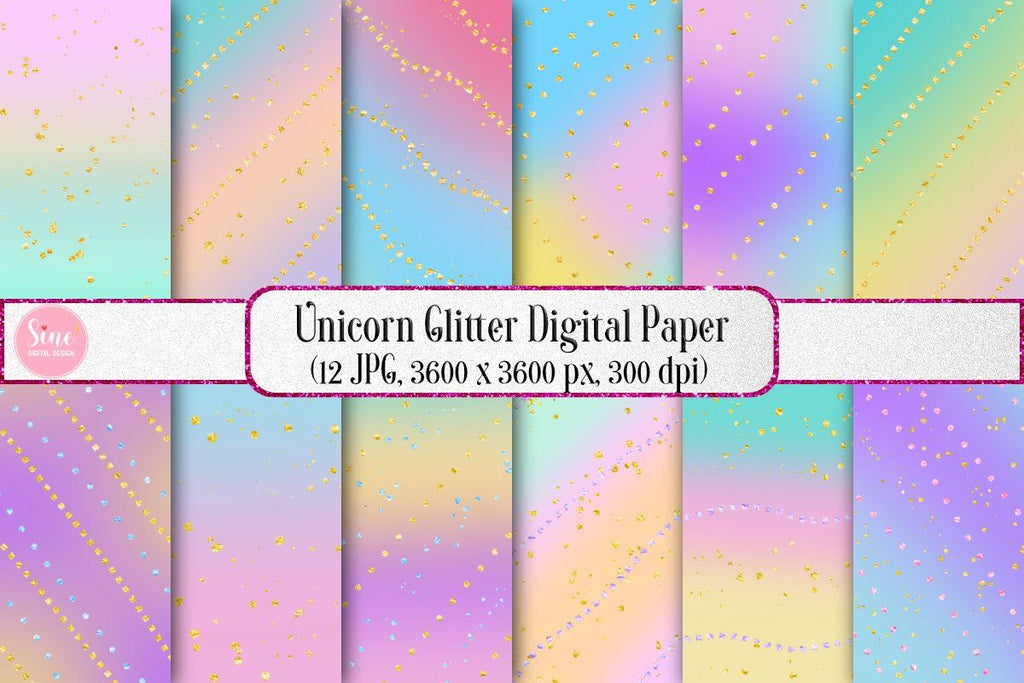 Unicorn Ombre Glitter Digital Papers Backgrounds Set - So Fontsy