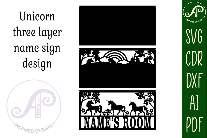 Unicorn scene name sign SVG 3 layer laser cut template - So Fontsy