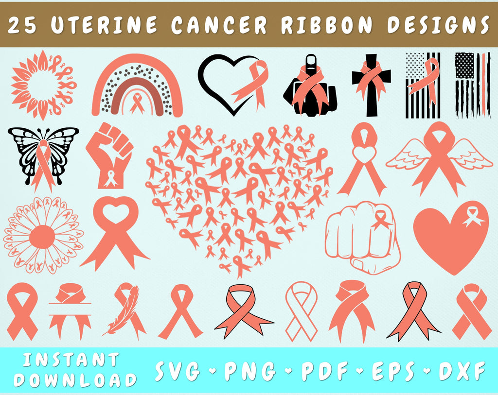 Uterine Cancer Ribbon SVG Bundle, 25 Designs, Uterine Cancer Clipart ...
