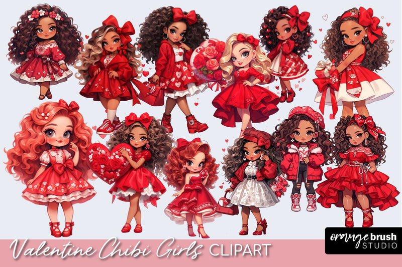 Valentine Girl PNG Bundle, Valentines Day Chibi Clipart - So Fontsy