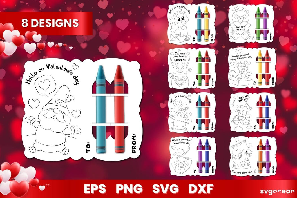 Valentines Day Coloring Card | Svg Bundle | Crayon Cards - So Fontsy