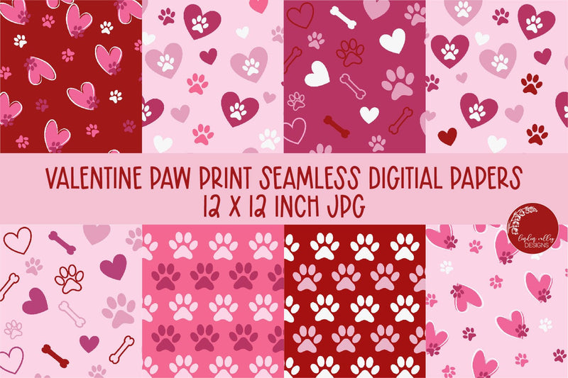 Valentine's Day Digital Papers-Paw Print Seamless Patterns - So Fontsy