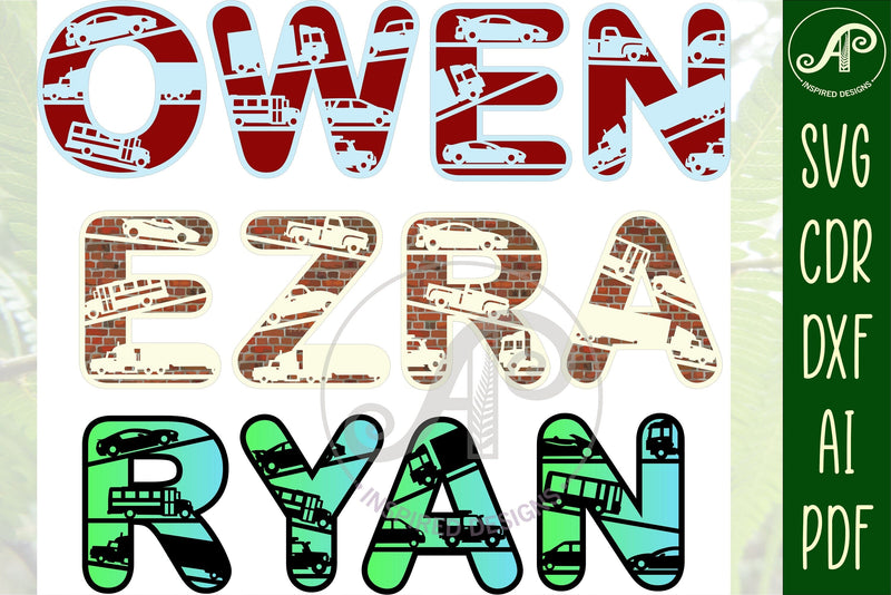 Vehicle theme alphabet set. 2 layer 47 letters. - So Fontsy