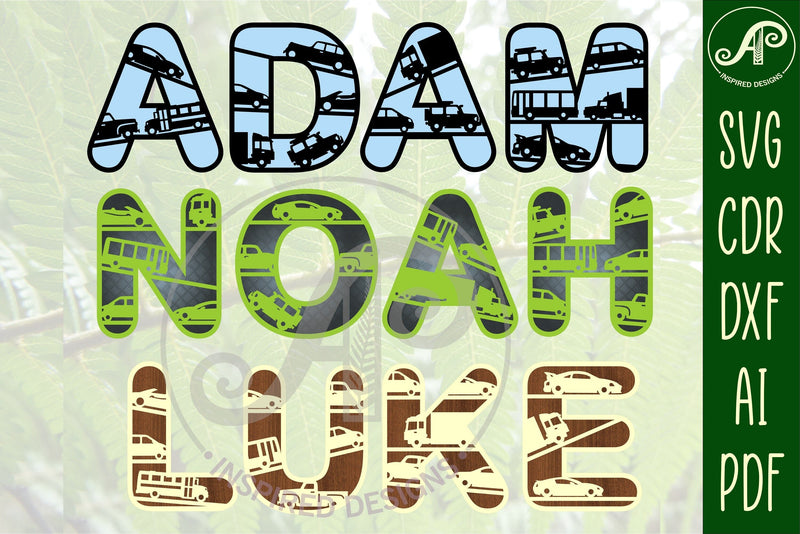 Vehicle theme alphabet set. 2 layer 47 letters. - So Fontsy